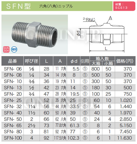 オンダ SCS13製（SUS304系） 六角ニップル 八角ニップル SFN-06などのことならONLINE JP（オンライン）